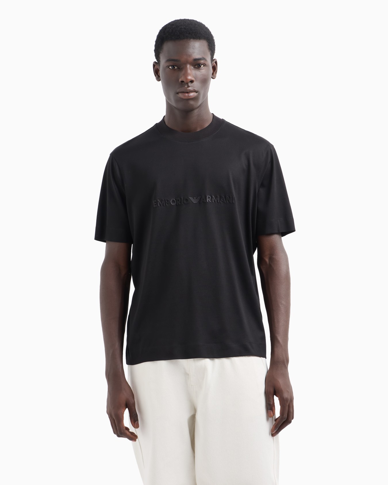 Lyocell-blend jersey T-shirt with embossed logo embroidery | Emporio Armani