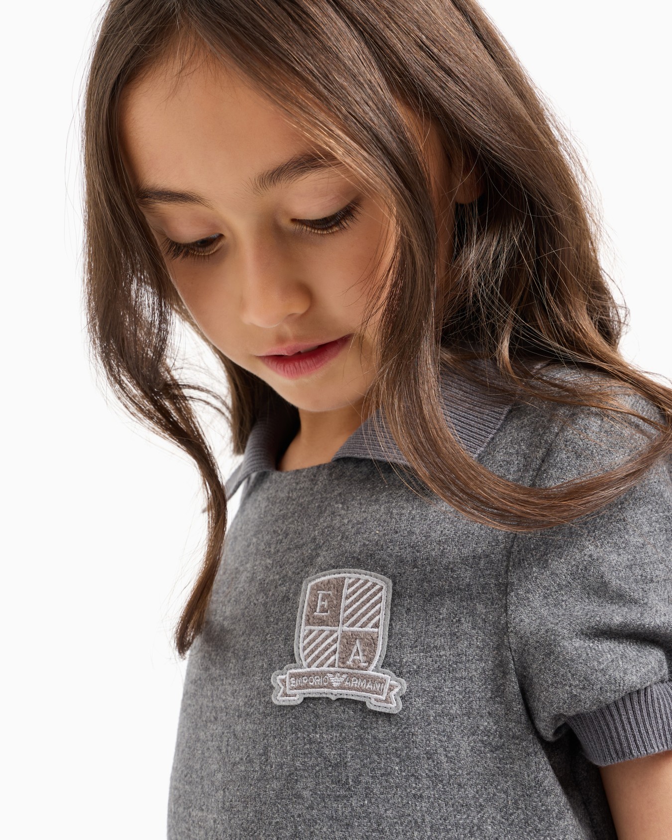 Wool-blend puff-sleeved dress with logo crest patch | Emporio Armani