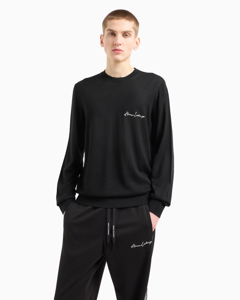 Wool blend crew neck sweater with chest logo | Armani Exchange