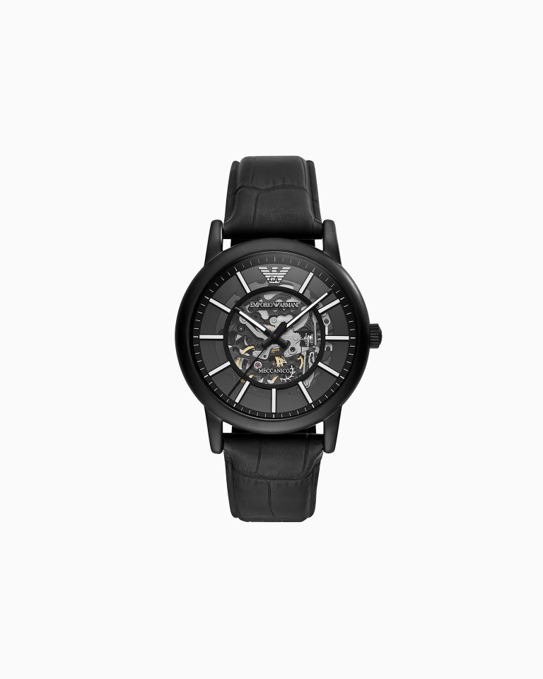 Men's Automatic Black Leather Watch | Emporio Armani