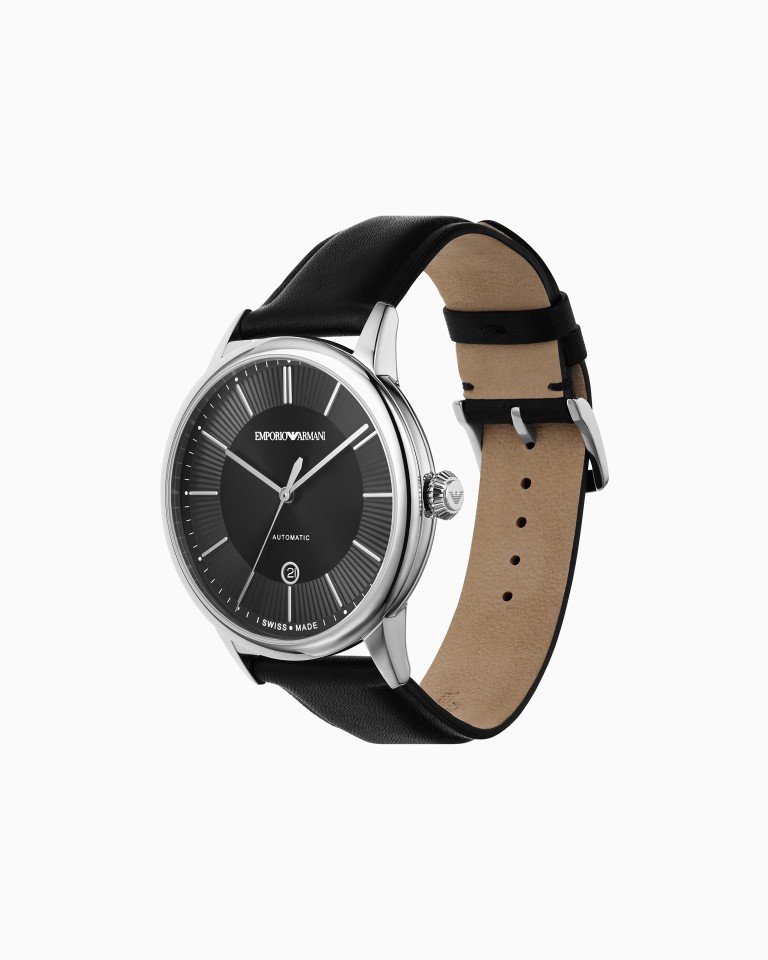 Swiss Made Automatic Black Leather Watch | Emporio Armani