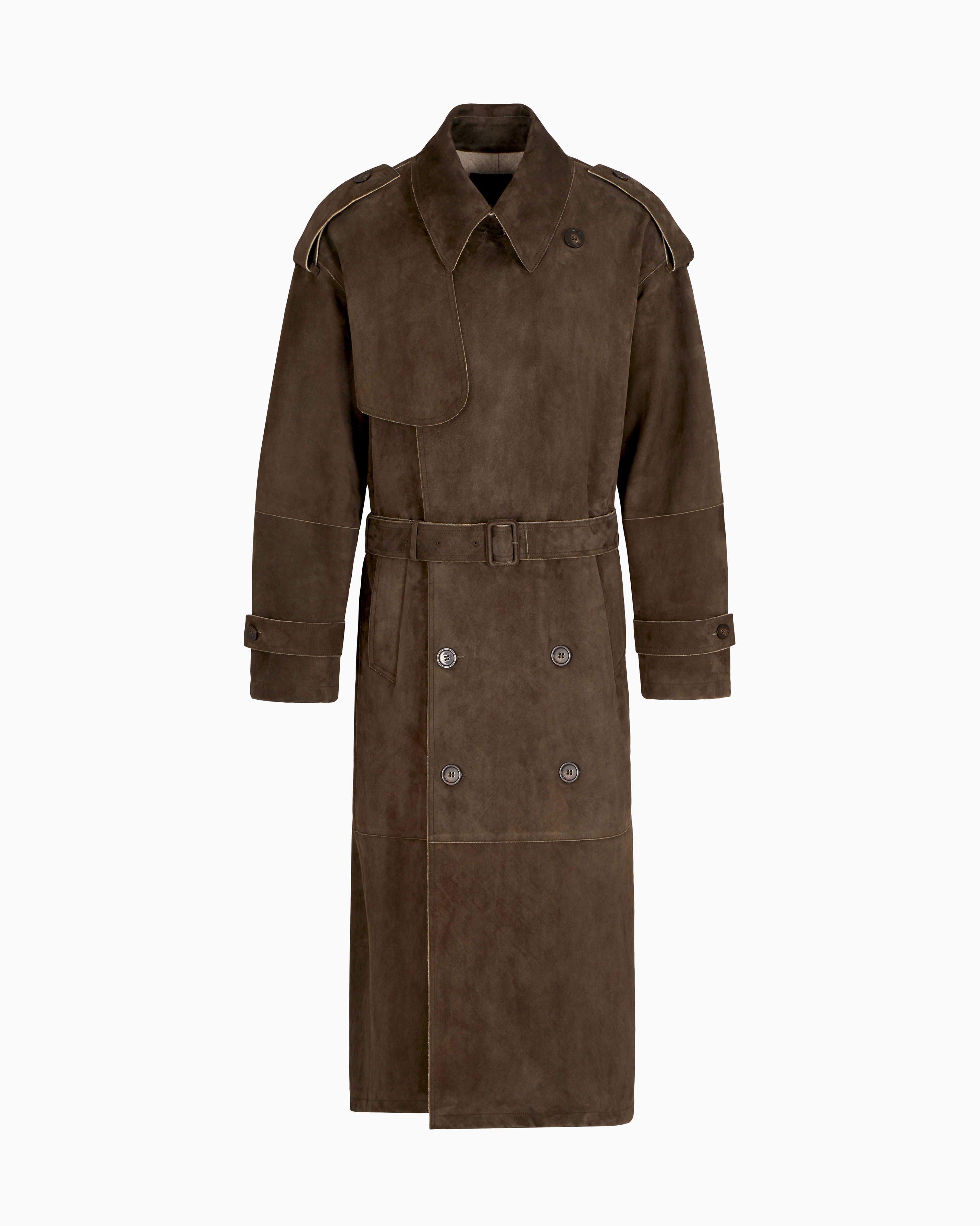 Trench coat double croise en cuir suede de chevre