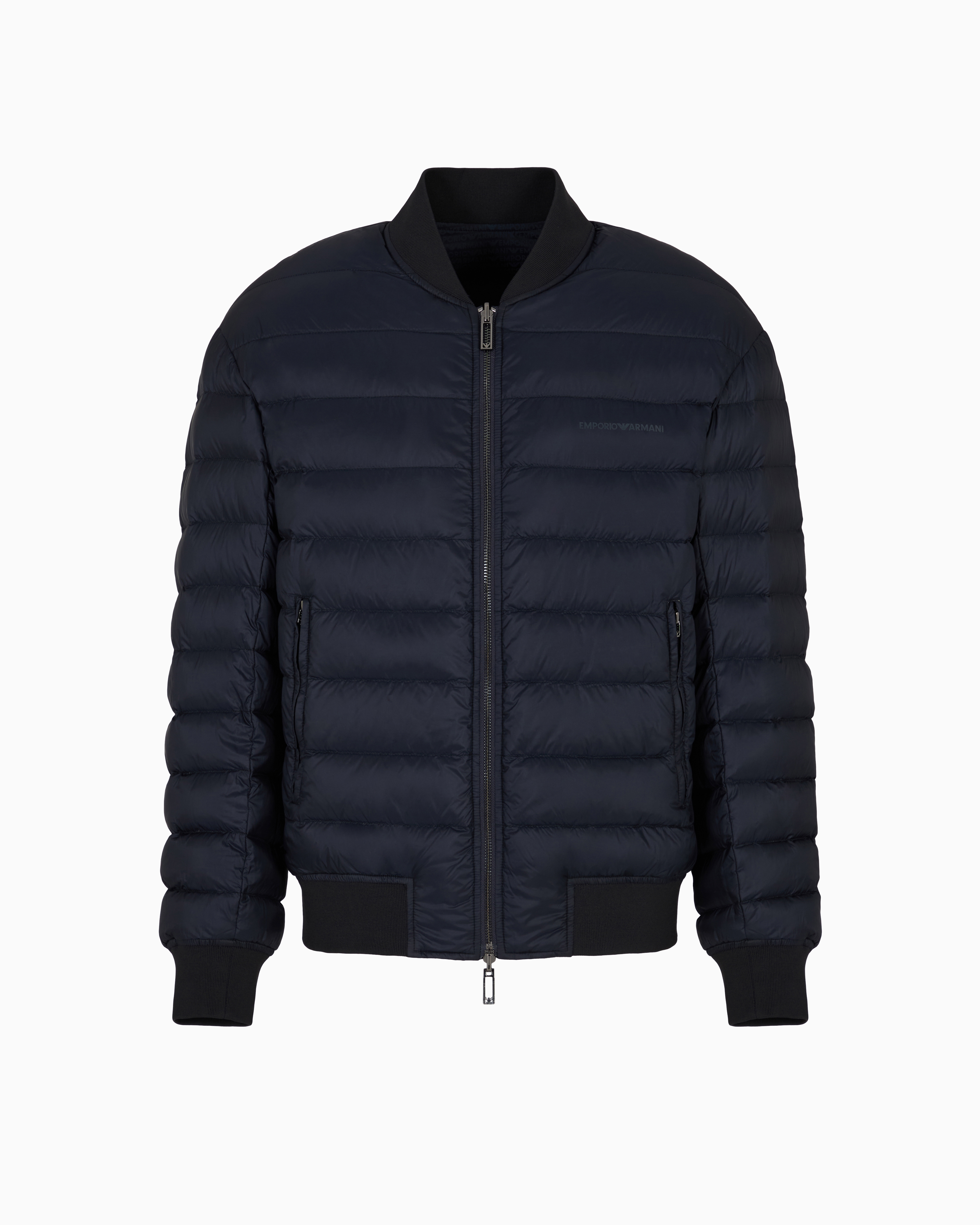 Doudoune col blouson bomber reversible en nylon jacquard avec inscription all over Emporio Armani